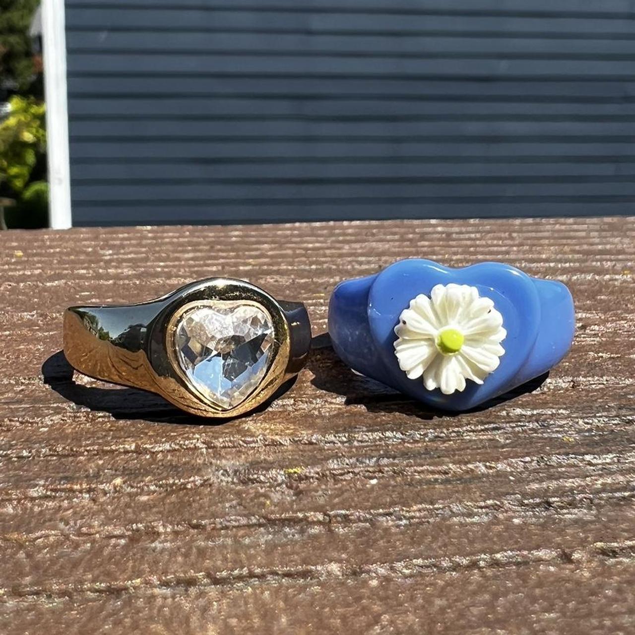 Blue and gold heart flower rings size 9 plastic... - Depop