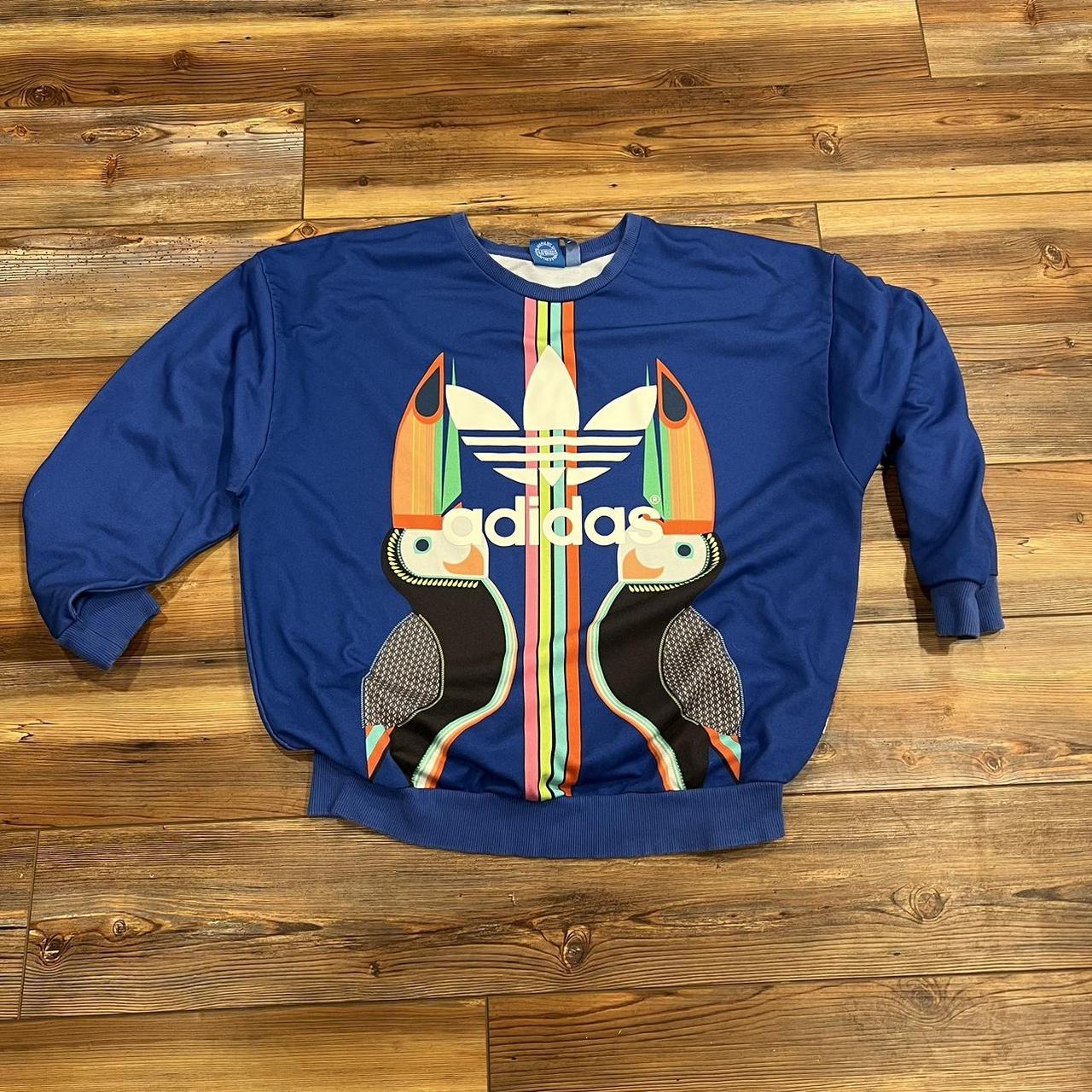 Adidas X Farm Rio blue and rainbow striped toucan... - Depop