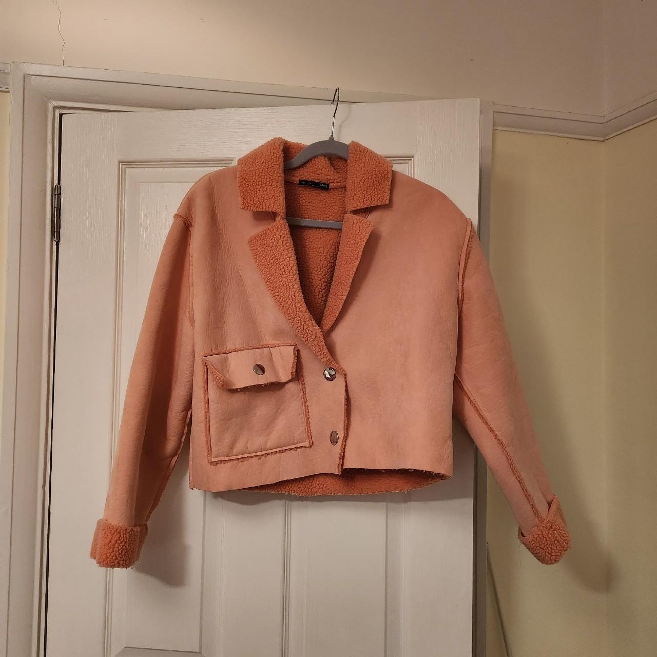 Zara pink aviator shearling jacket, worn once Size... - Depop