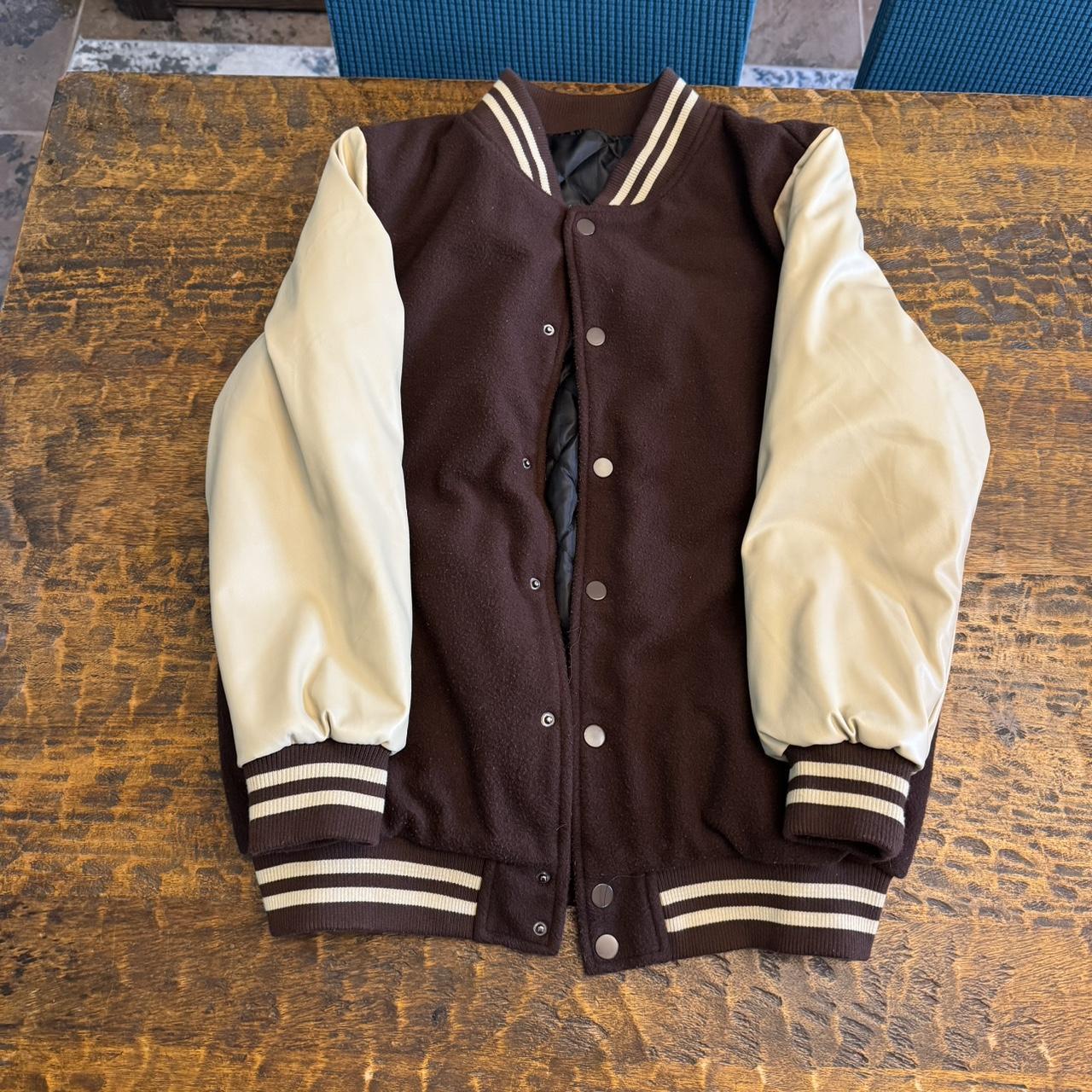 Padded non branded brown varsity jacket Fits like... - Depop