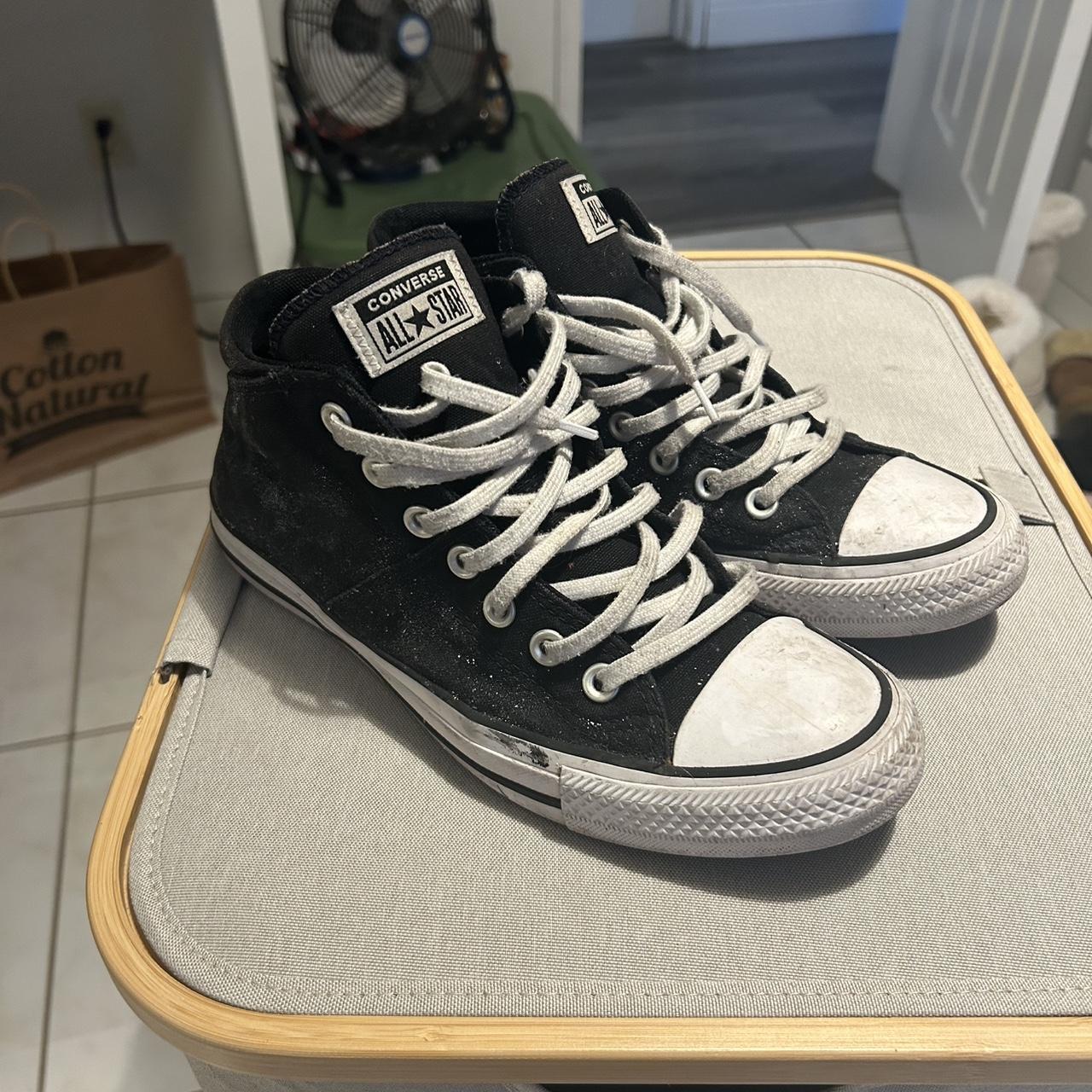 Black and white Converse trainers bleach stains #skater | Depop