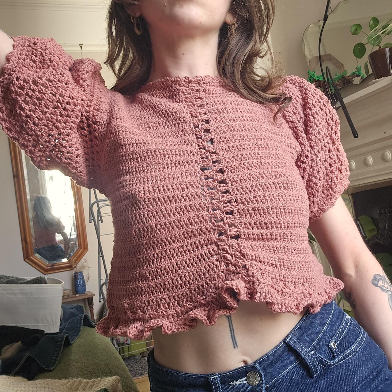 Handmade crochet crop top Dusty pink, puffy sleeves... - Depop