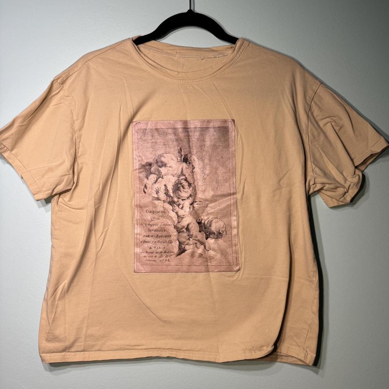 beige graphic tee w angel baby print 100% cotton no... - Depop