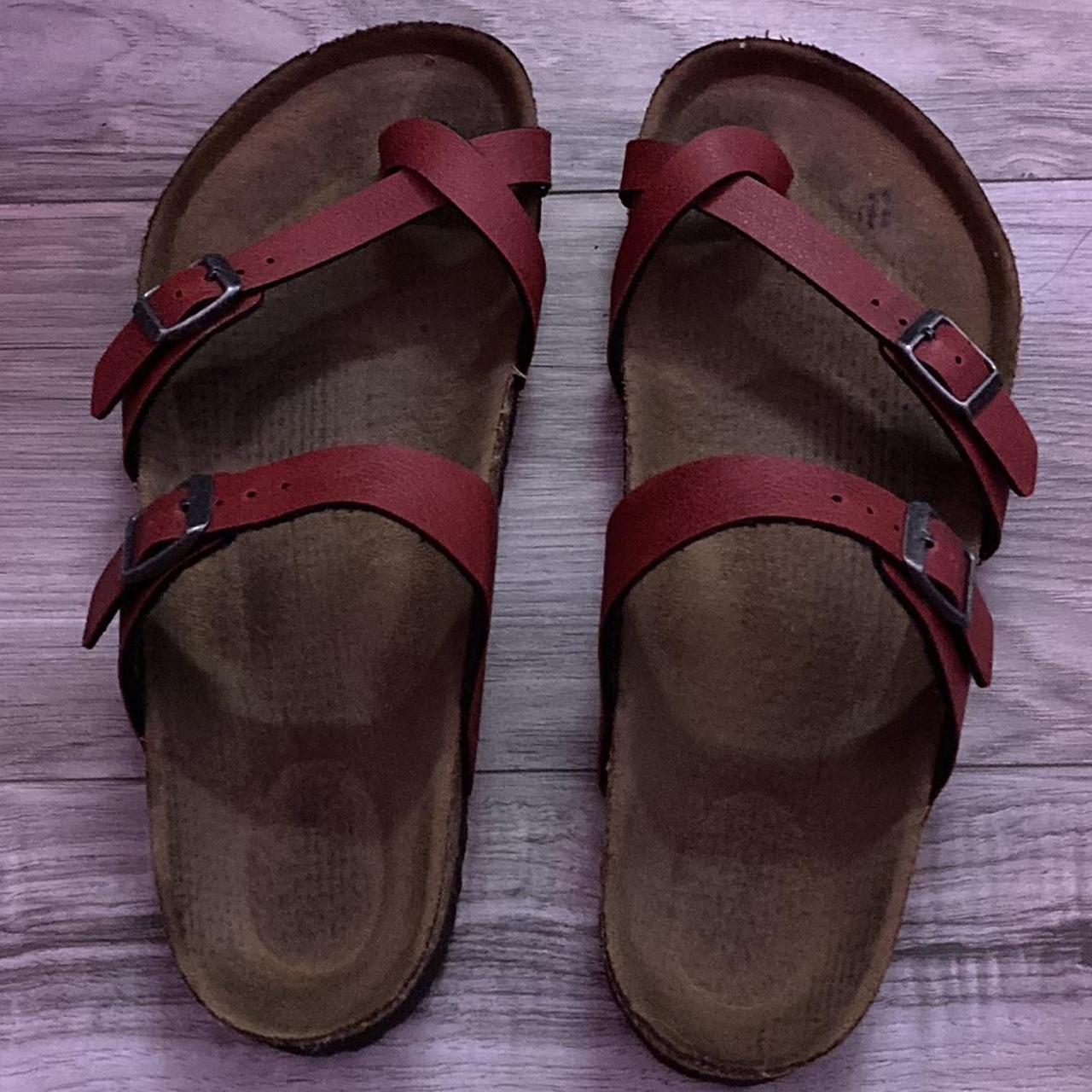 Birkenstock Women's Brown and Burgundy Slides | Depop