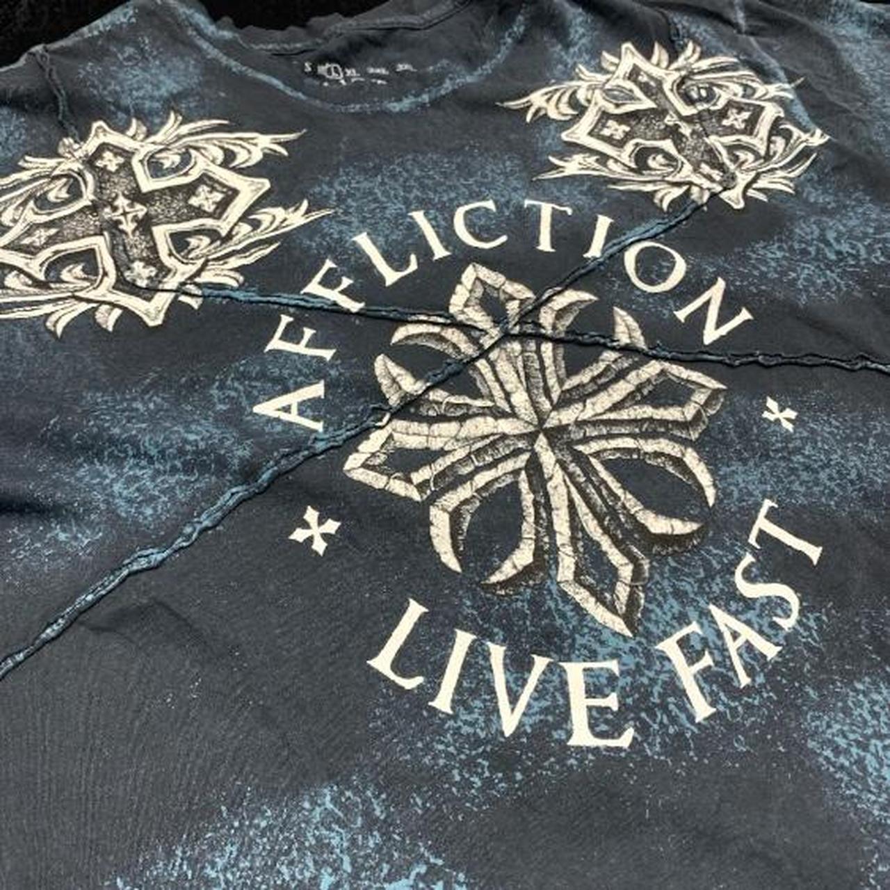 Affliction live fast blue tie dye cross tshirt Size... - Depop