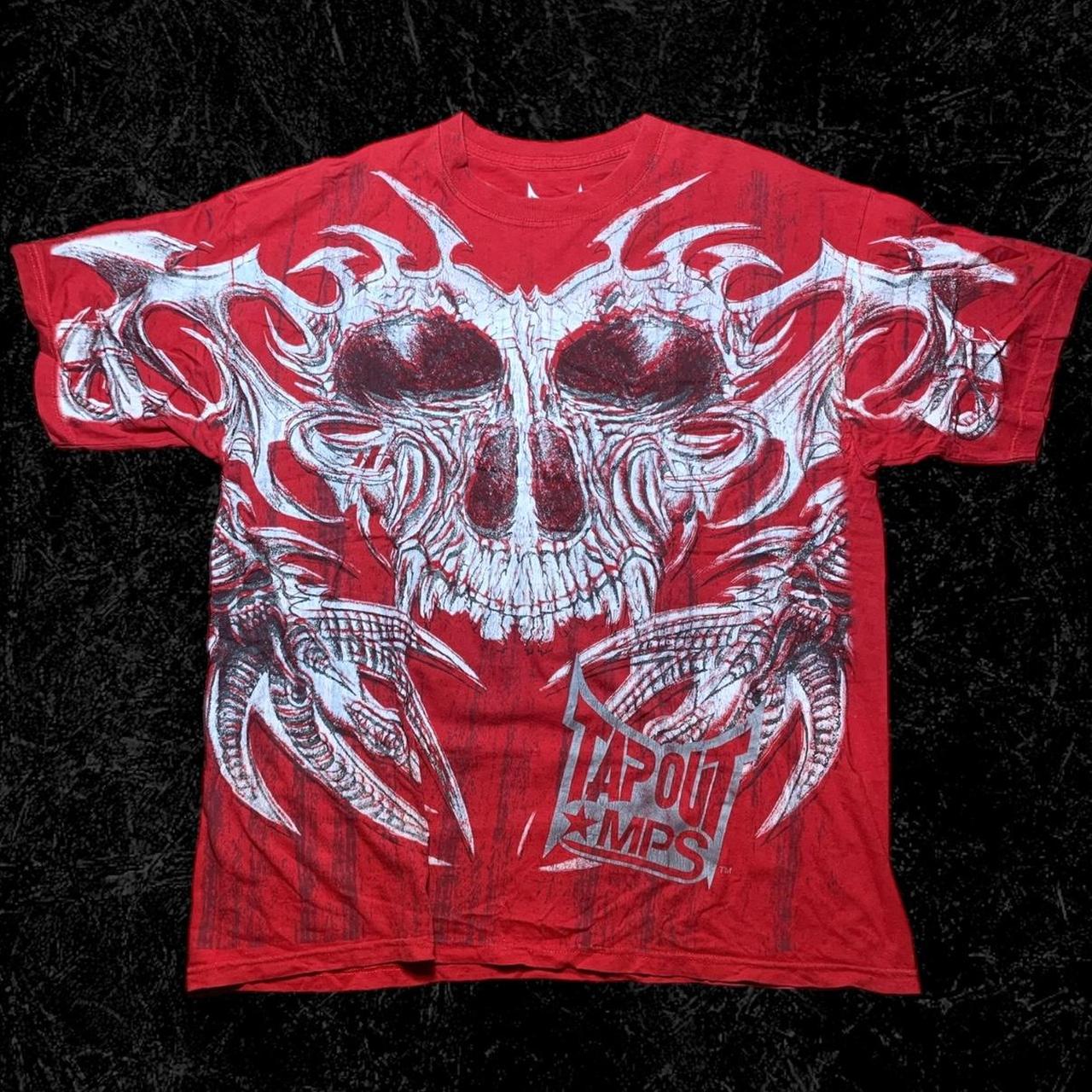 Tapout red + white 3-d skull tshirt. Fire print,... - Depop