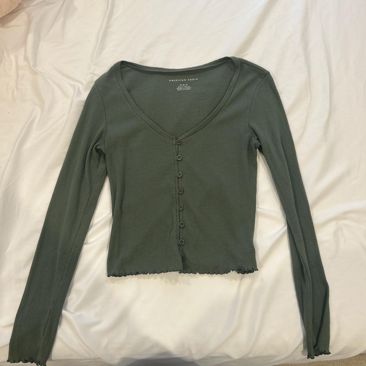 Green long sleeve American Eagle tight fitting top. - Depop