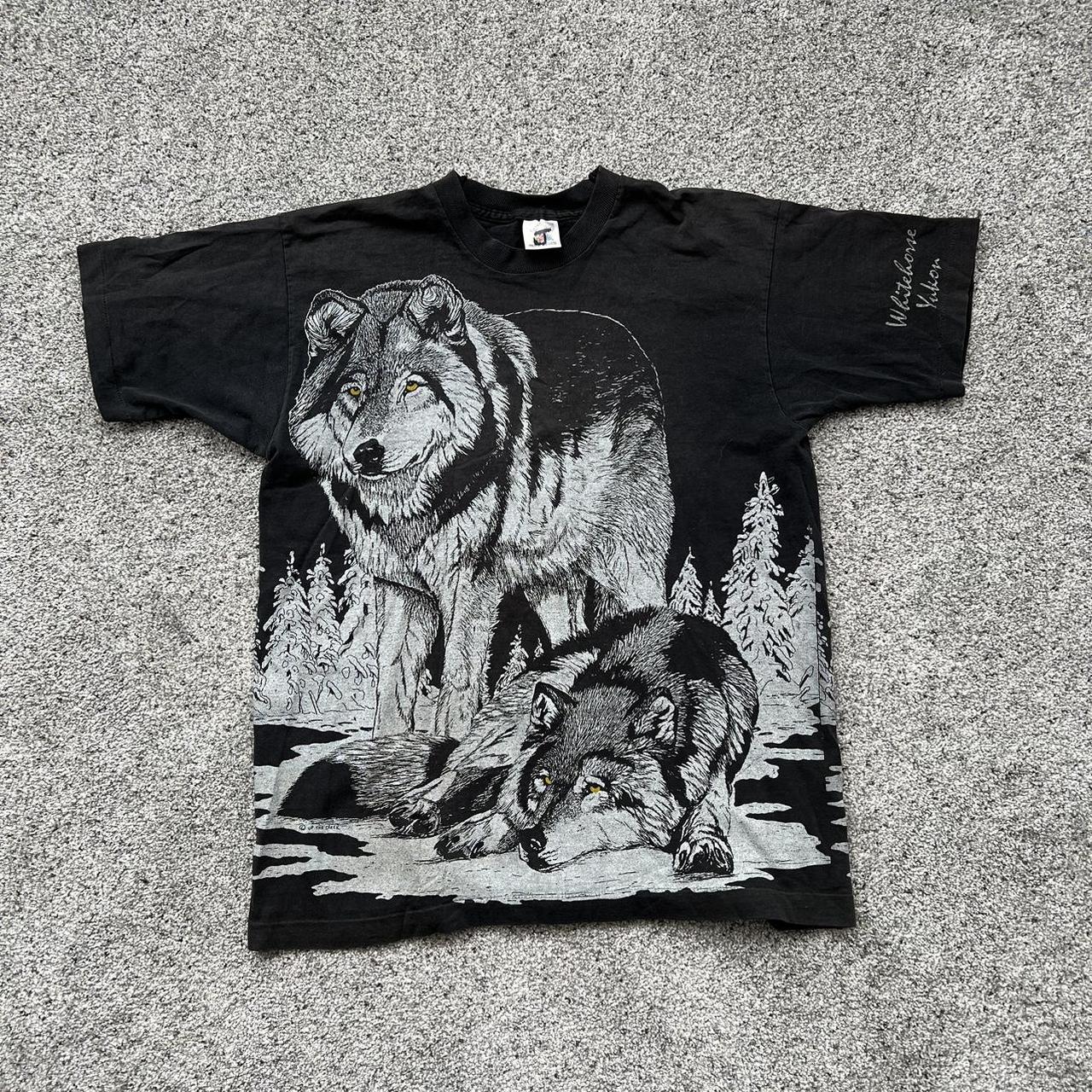 VTG 90s Wolves Nature Animals All Over Print Graphic... - Depop