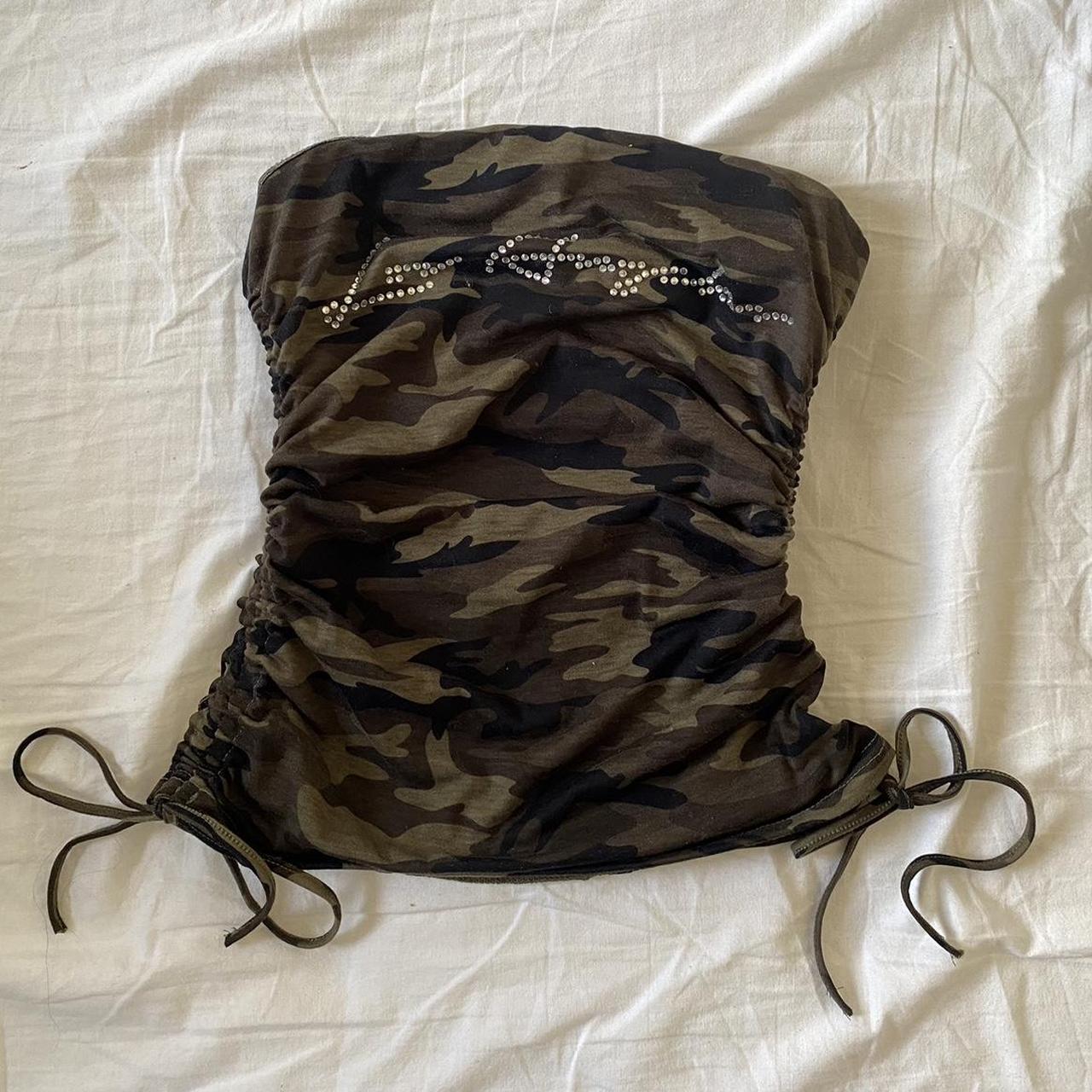 “Los Angeles” Bedazzled Camo tie string strapless... - Depop