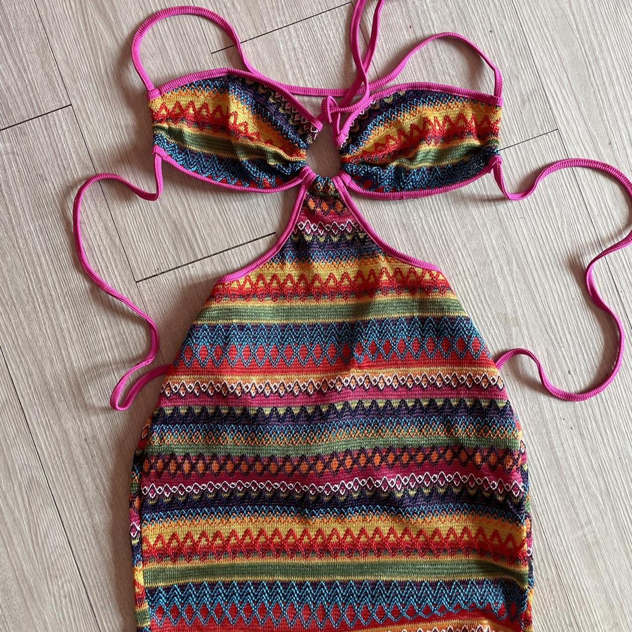 Boho indie colourful tie up mini dress Brand new... - Depop