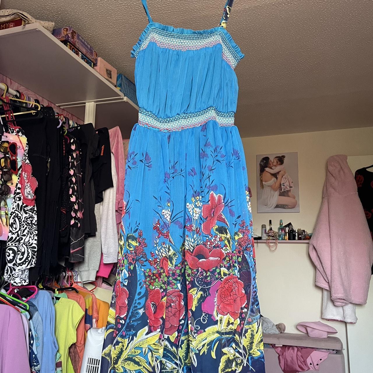 Blue floral dress with mesh overlay Lovely dress... - Depop