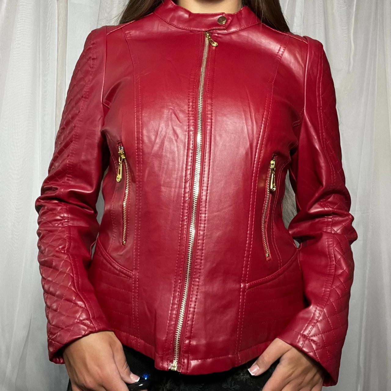 Vintage faux red leather jacket. Size 2 fits like a... - Depop