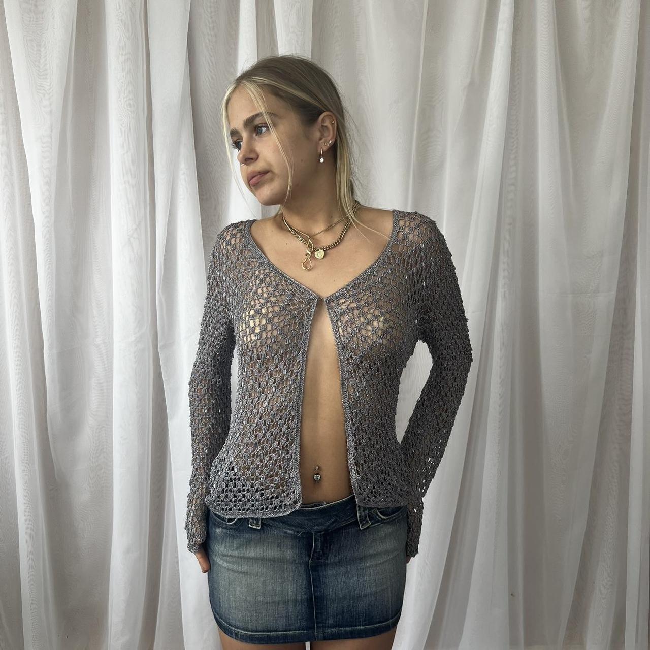 Grey sequin embellished vintage 00s crochet long... - Depop