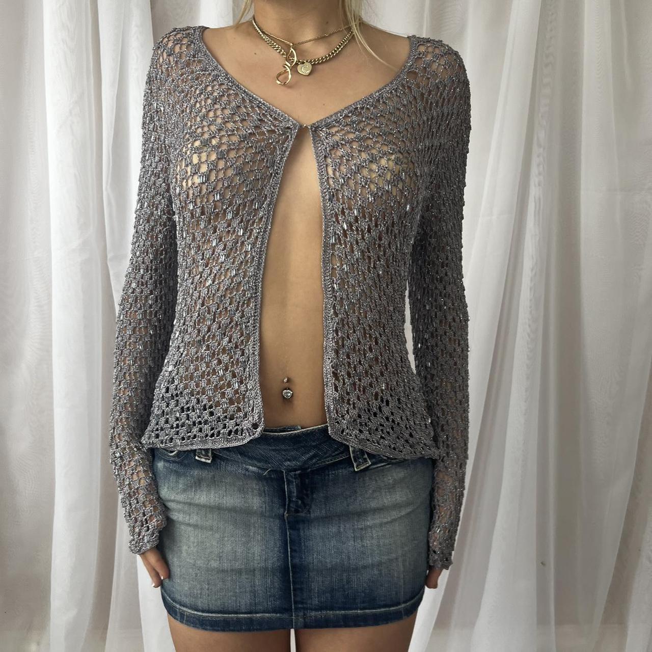 Grey sequin embellished vintage 00s crochet long... - Depop