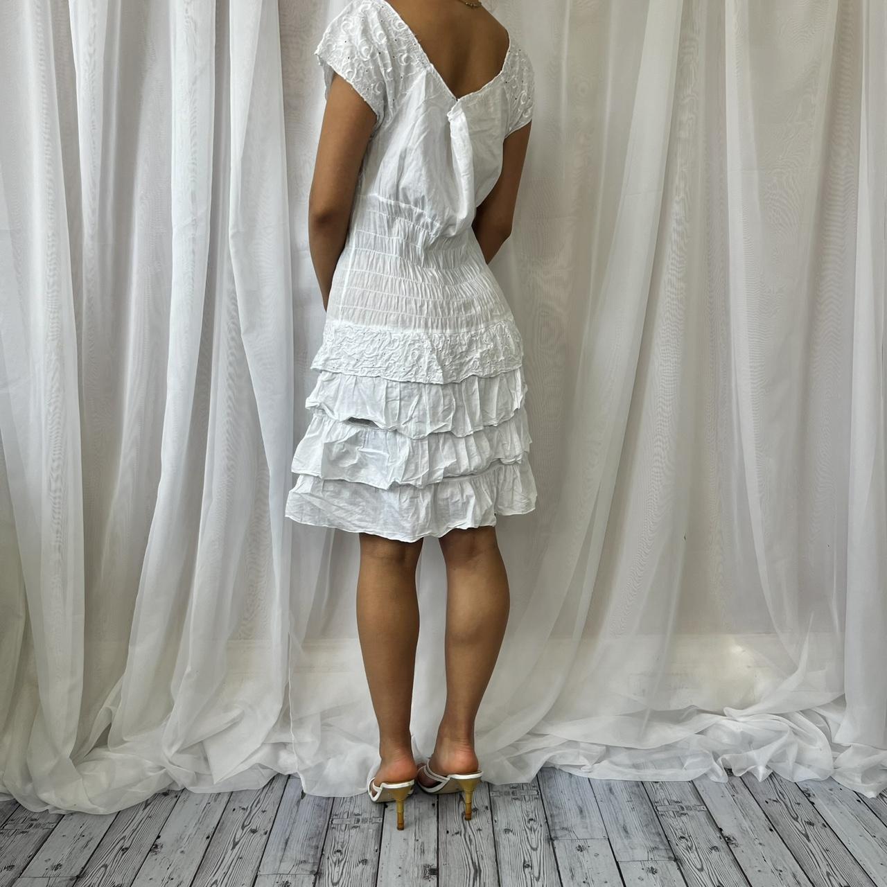 Vintage linen ruffle rara dress with ruched and lace... - Depop