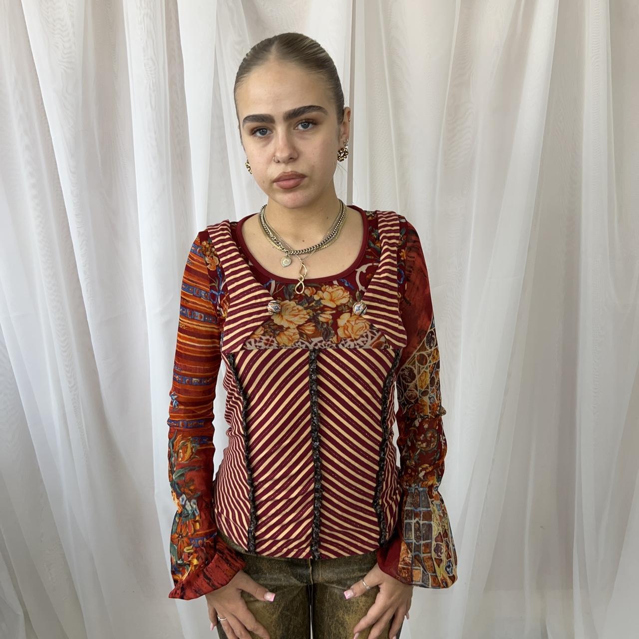 Striped Save the Queen top with floral embroidered... | Depop