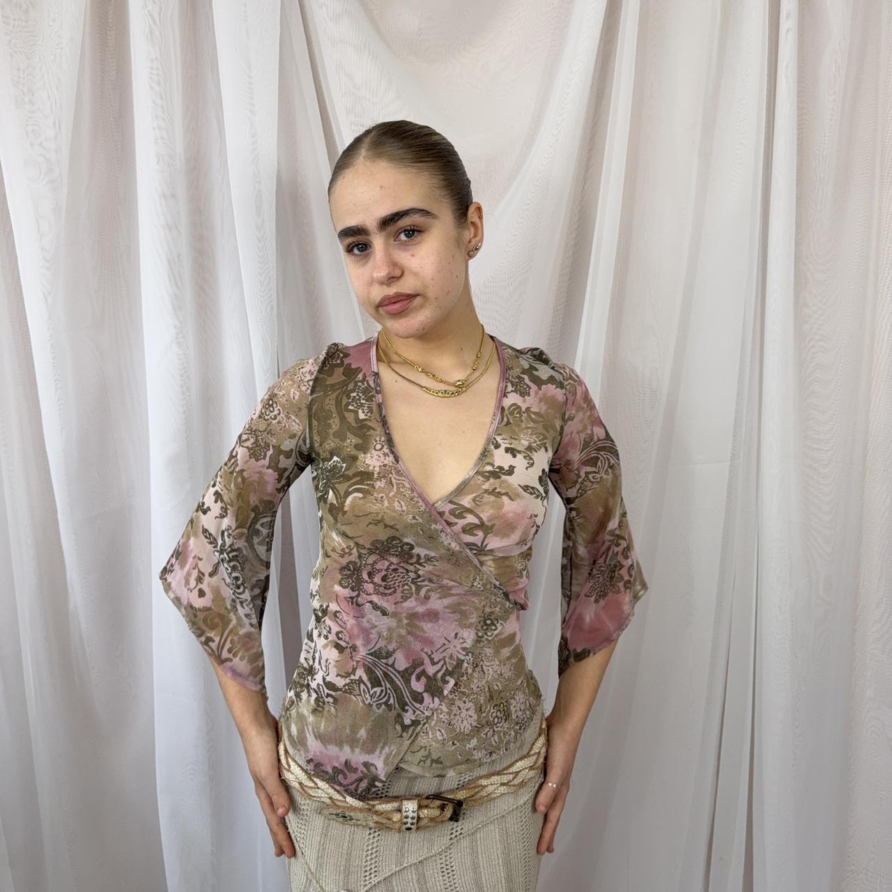Vintage pink and green mesh wrap top with flare... | Depop