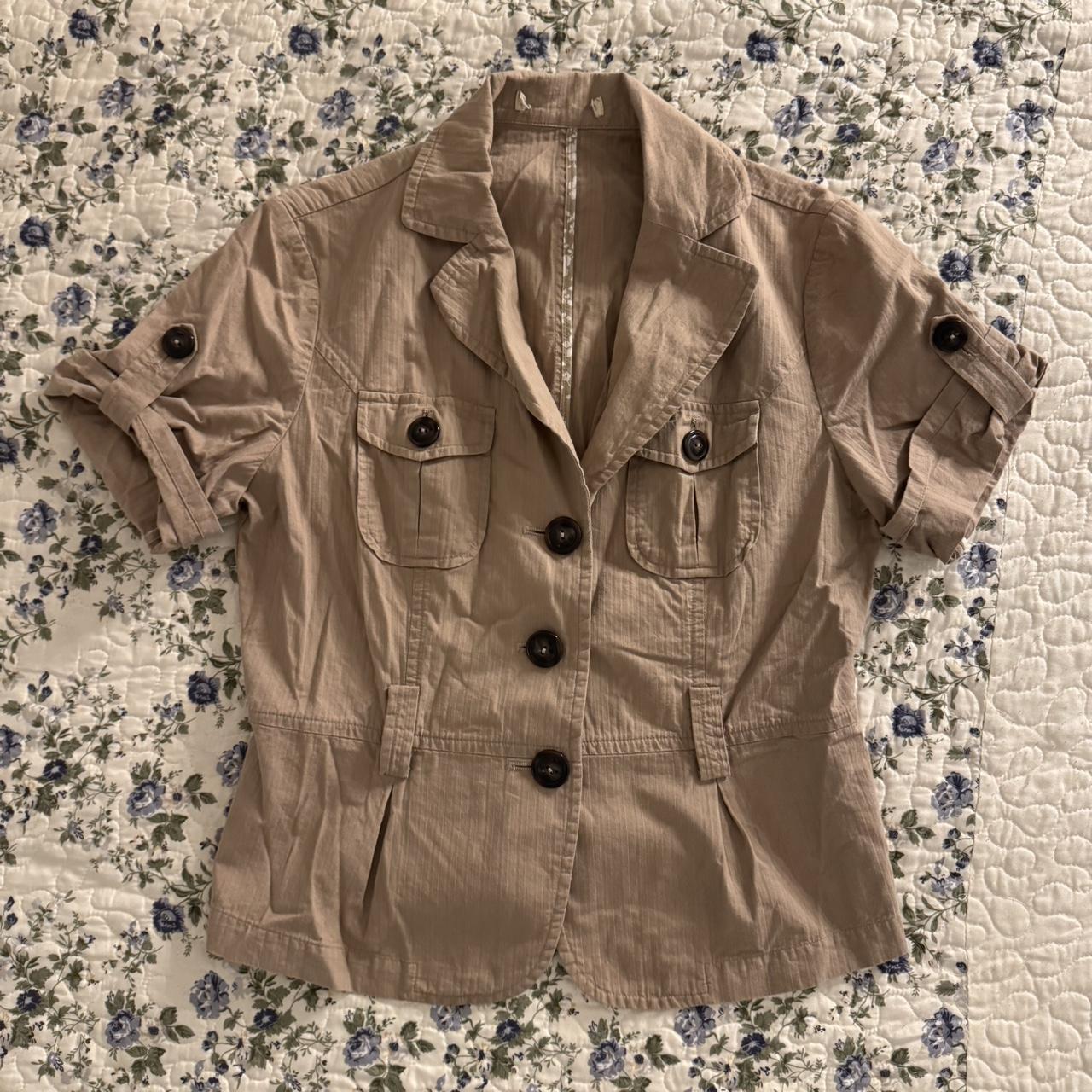 tan button up jacket/top with a cute collar and... - Depop