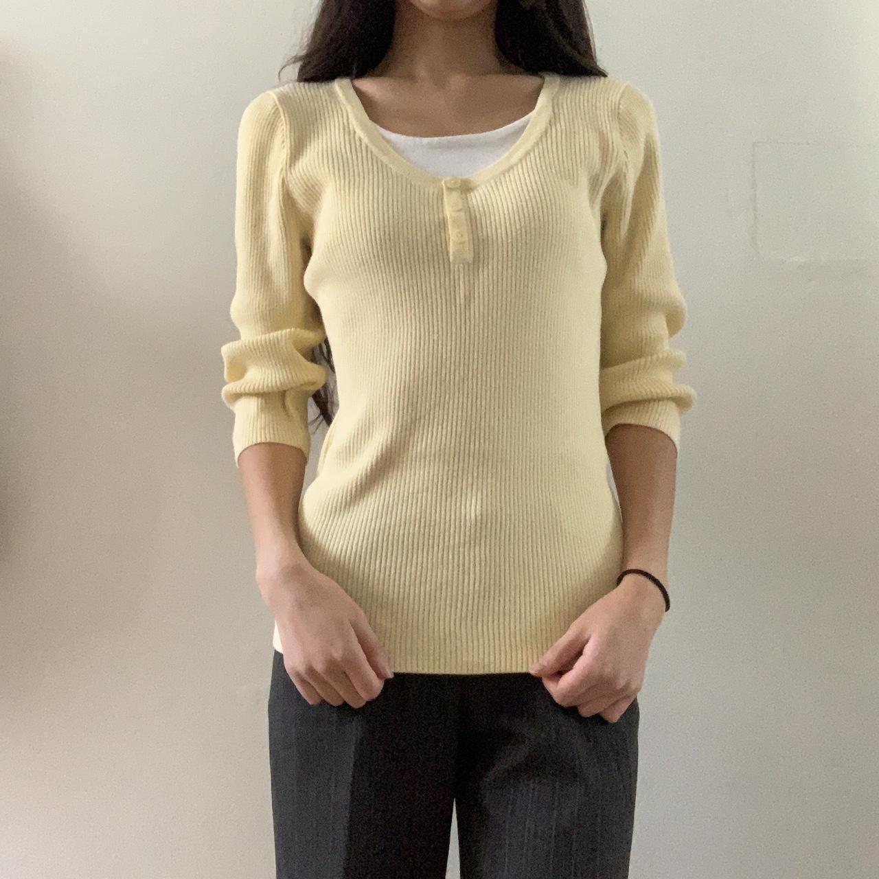 Vintage pale yellow ribbed knit Henley long sleeve... | Depop