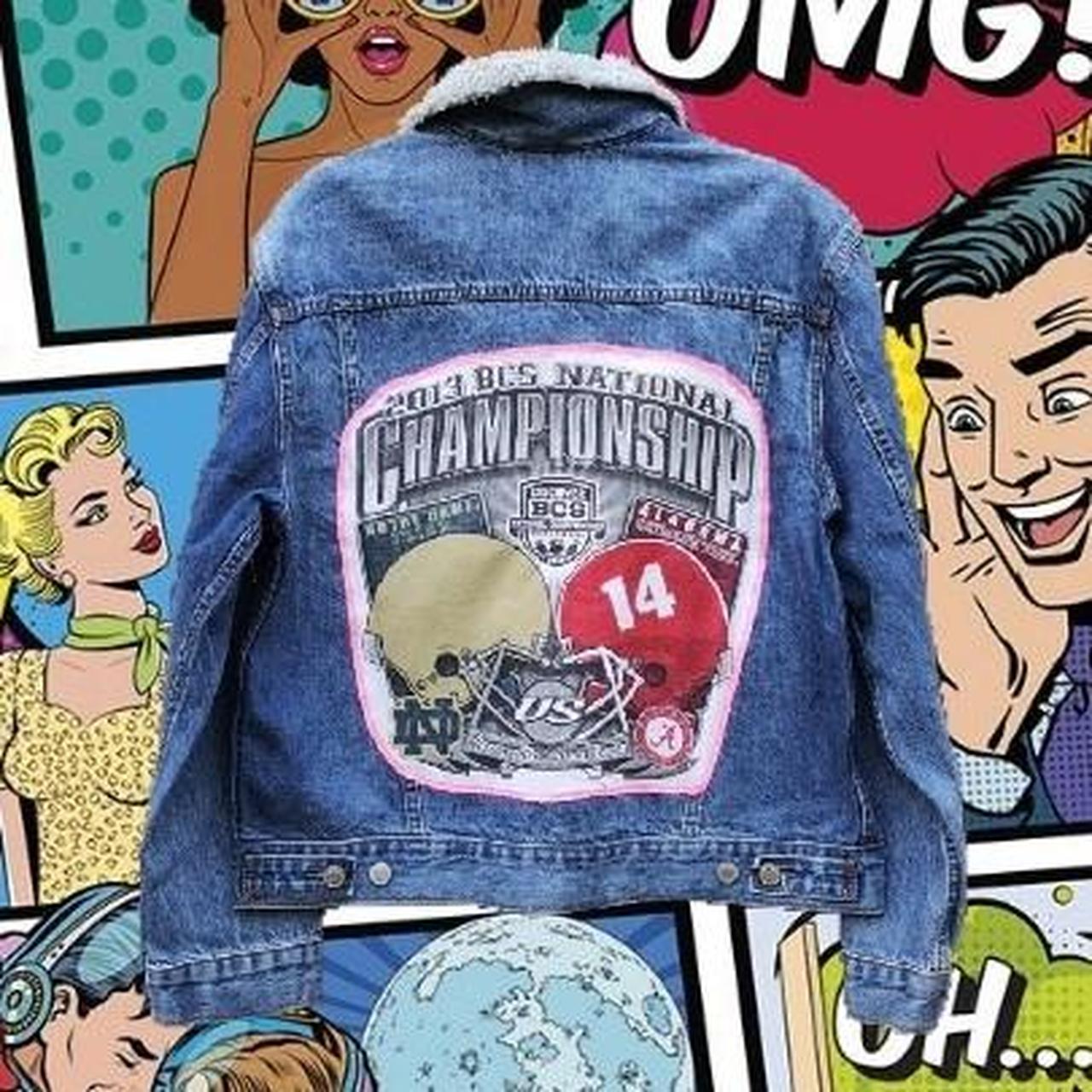 Blue reworked denim jacket. American football design... - Depop