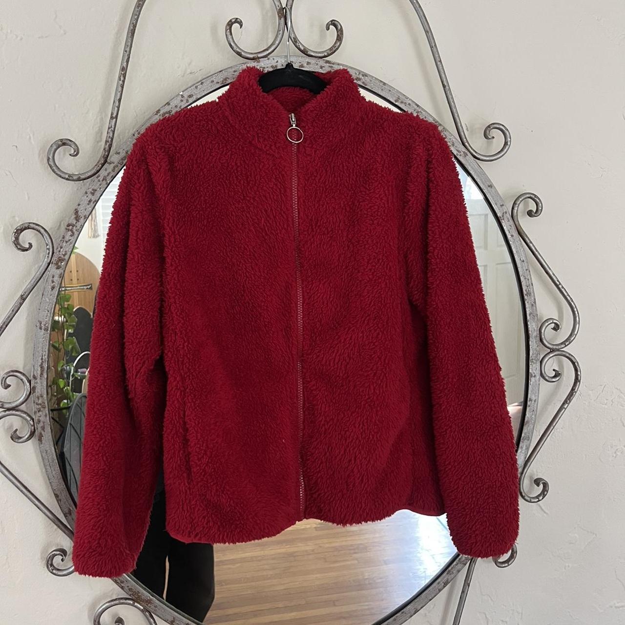 Red fuzzy zip up jacket - Depop