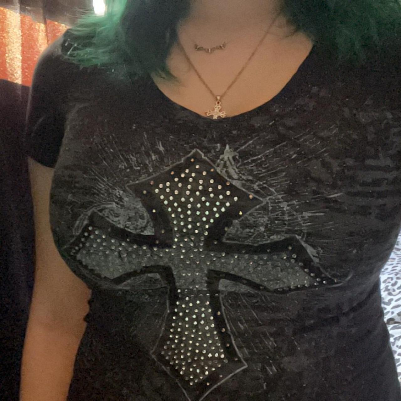 Black bedazzled cross tee, slightly see through... - Depop