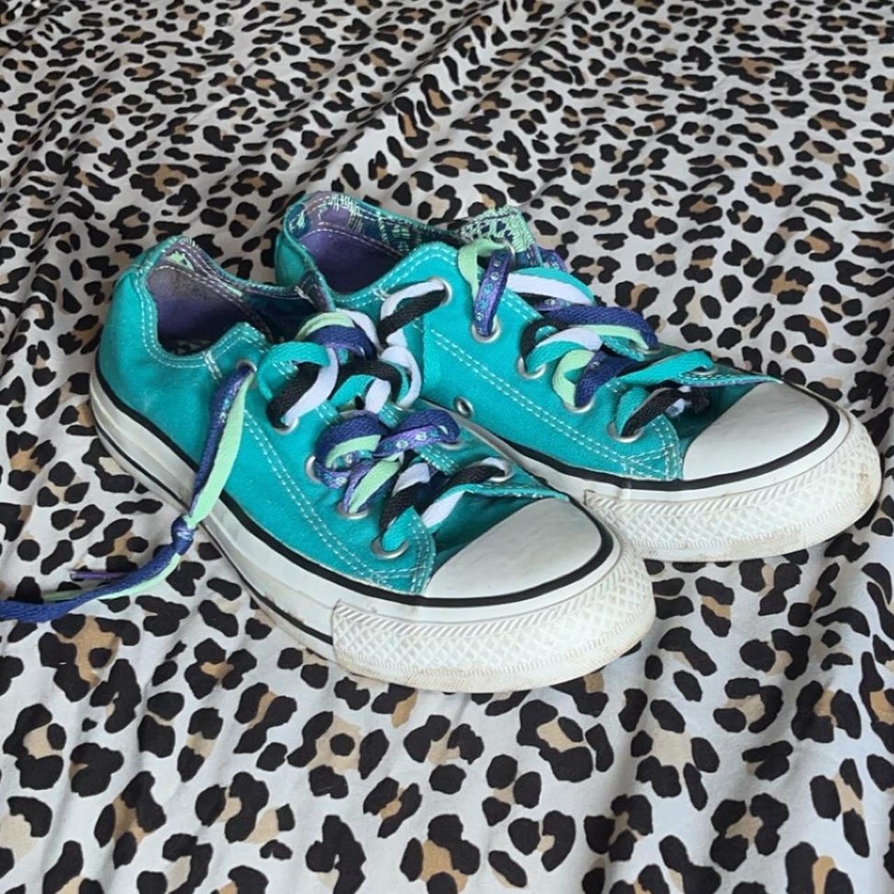 Teal Converse All Stars with multicolor laces and... - Depop