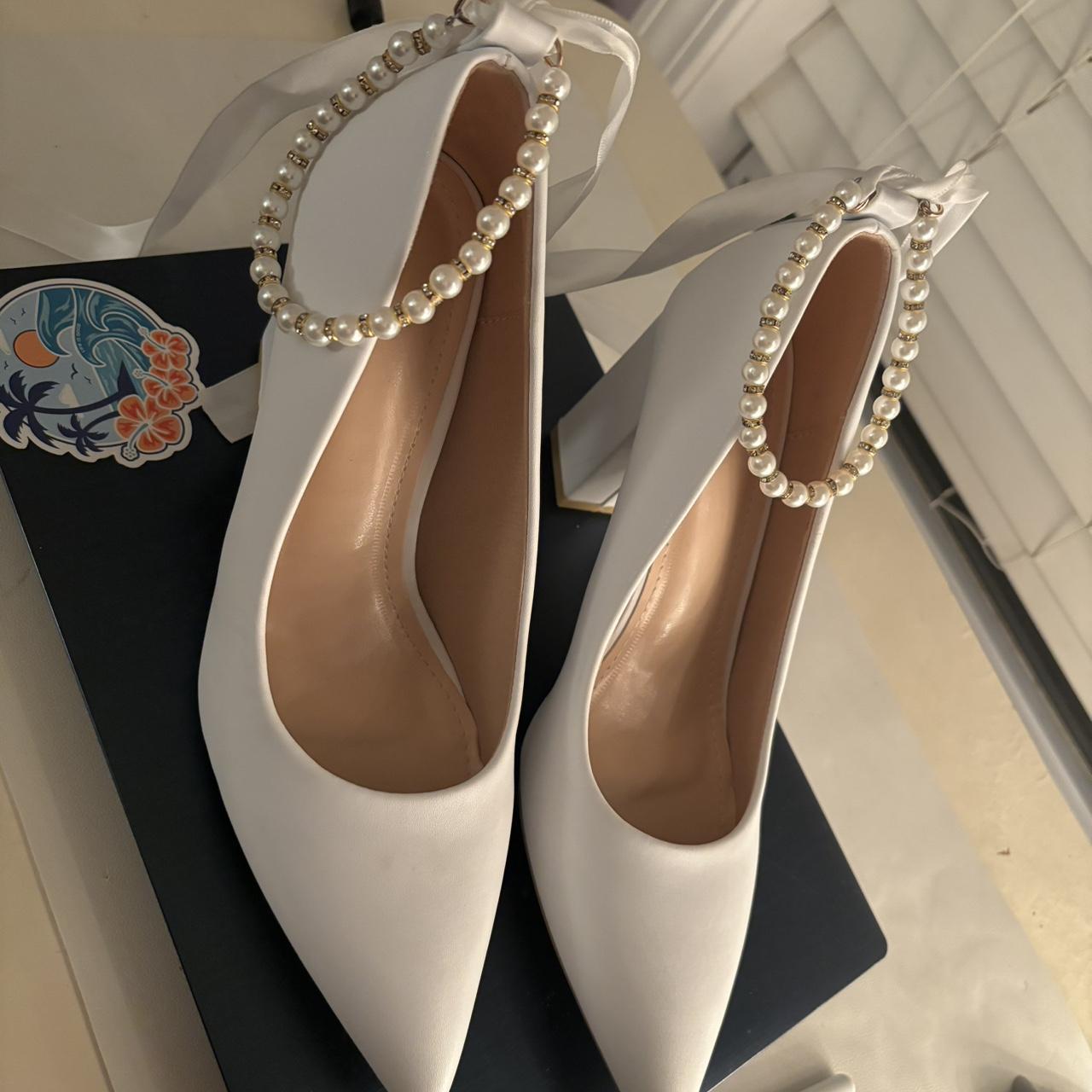Size 11 White Stilleto Heels with Pearl Strap and... - Depop