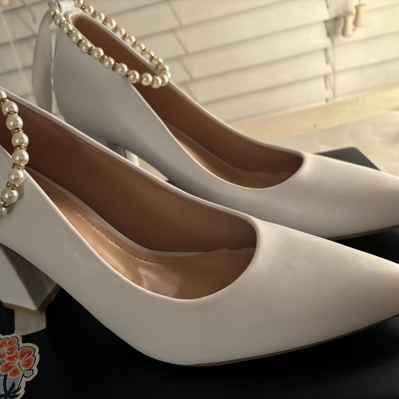 Size 11 White Stilleto Heels with Pearl Strap and... - Depop