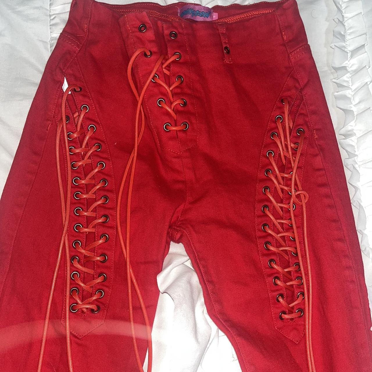 Red EDIKED pants (flare bottom cut) lace detailing... - Depop