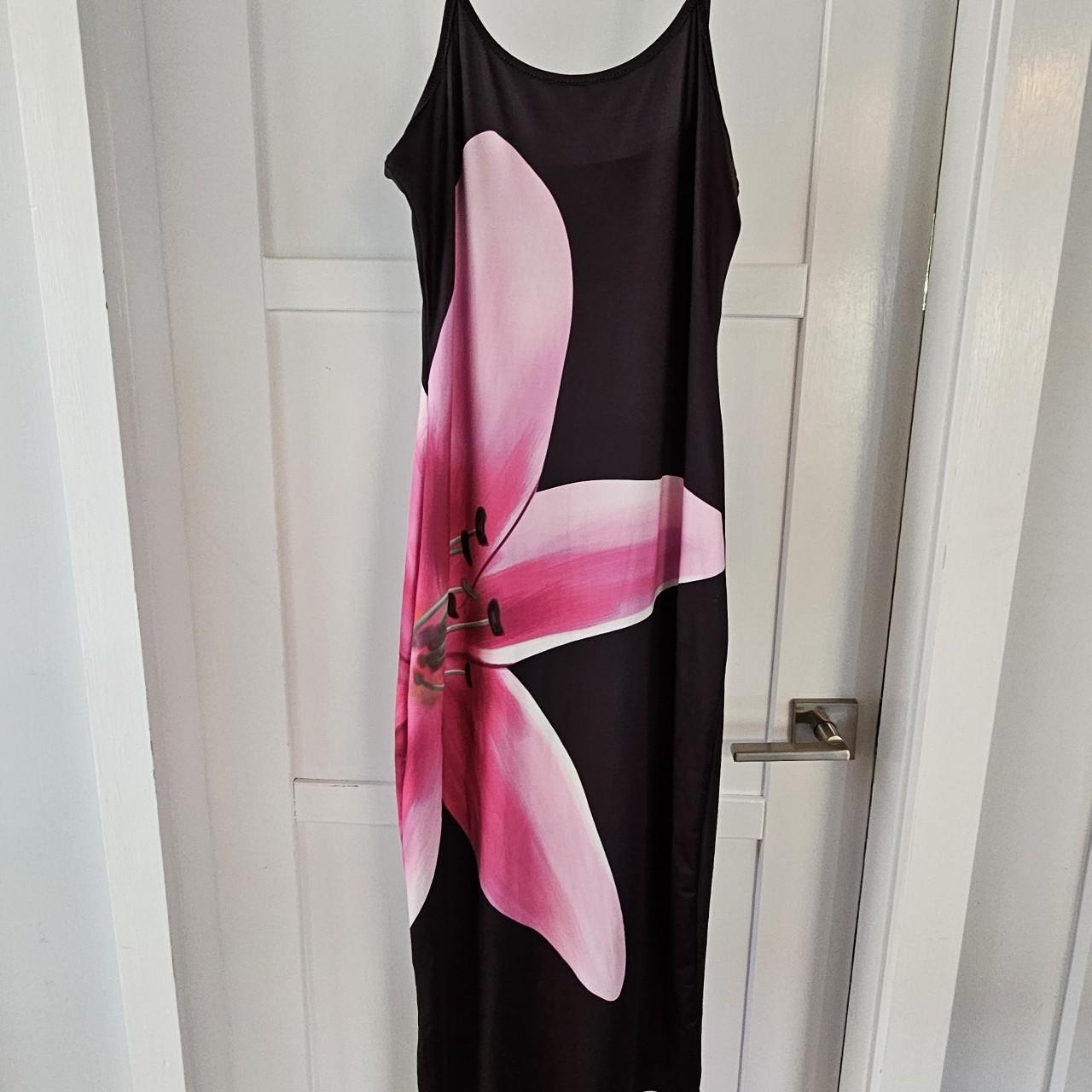 Black slip dress with pink lilies. - Depop