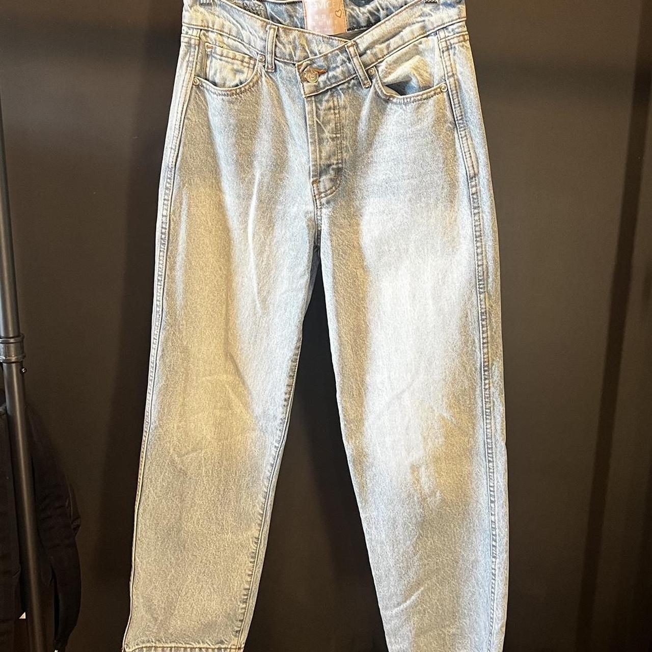 Blue high-waisted wide-leg jeans Revive cross cross... | Depop