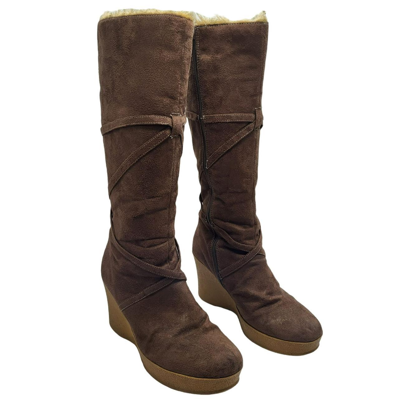 Groove Knee High Suede Leather Wedge Boots Brown... - Depop