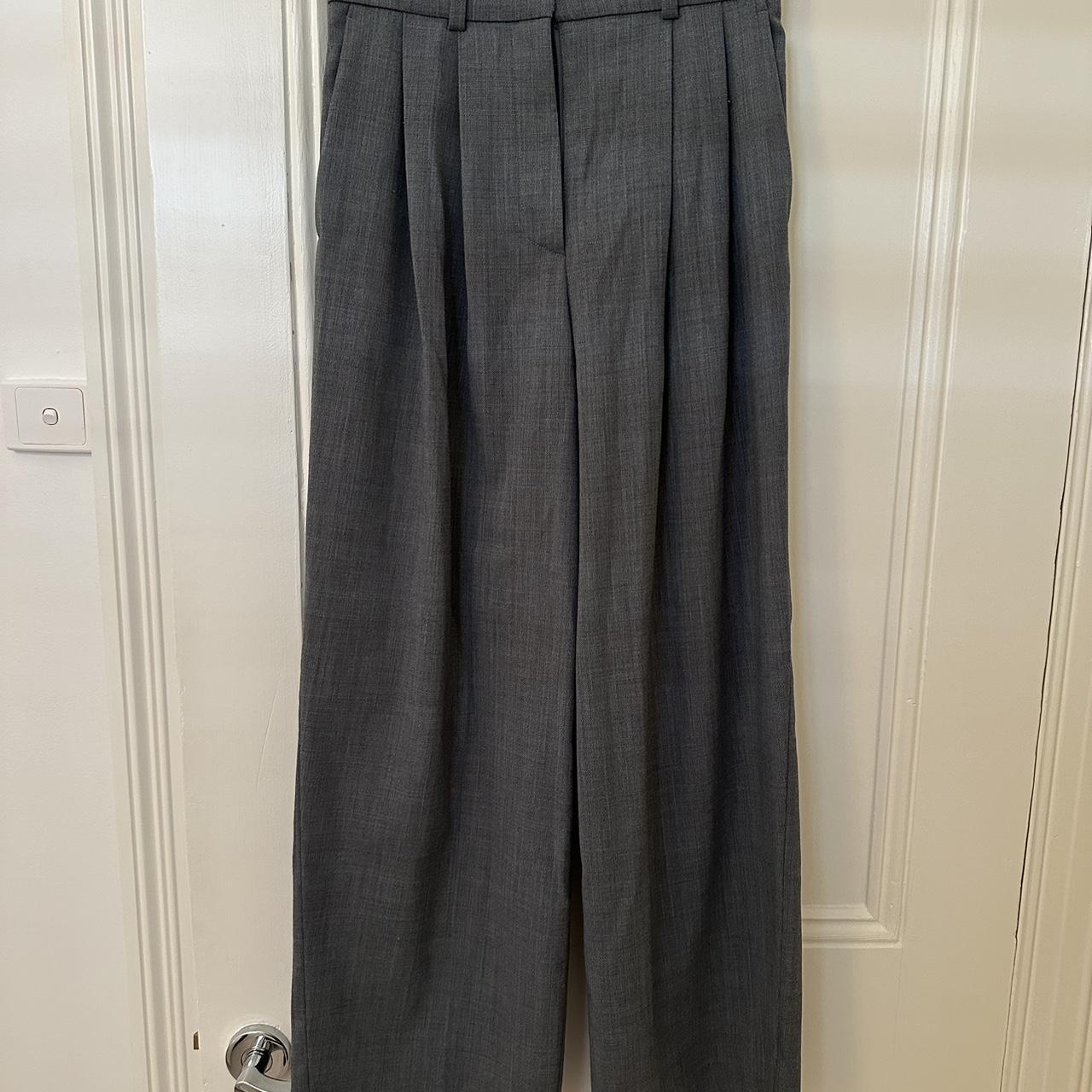 COS grey wool pleated wide leg pants size 34 - Depop