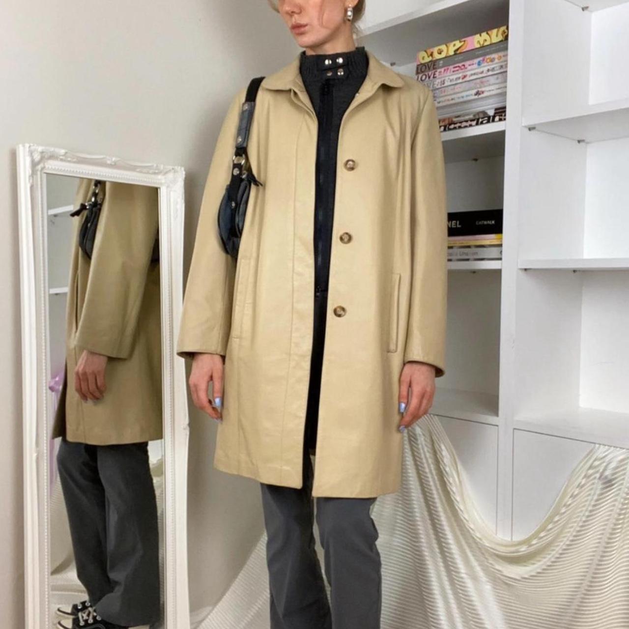 Butter yellow leather vintage tea coat, size 12... - Depop