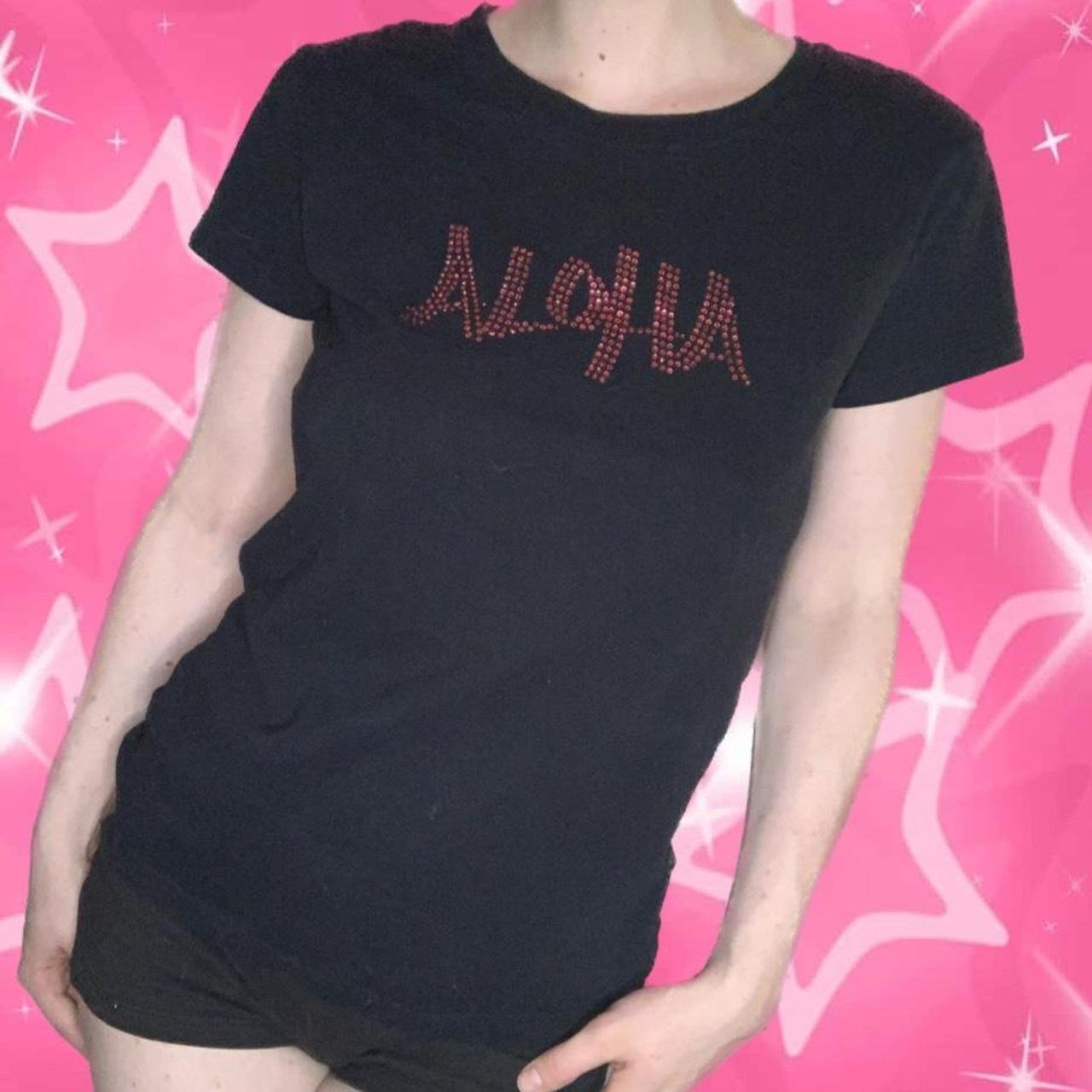 y2k rhinestone aloha tee size large, fits like a... - Depop