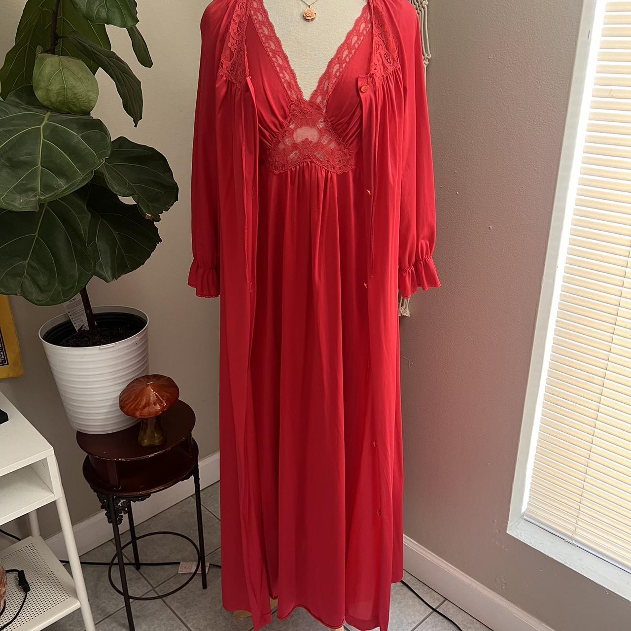 🌺 Vintage red lace nightgown with matching robe by... - Depop