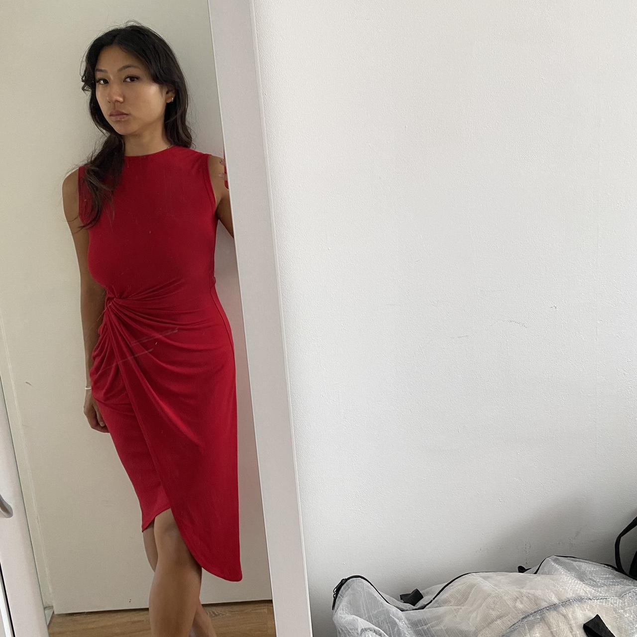 Very flattering deep red wrap asymmetric midi dress... - Depop