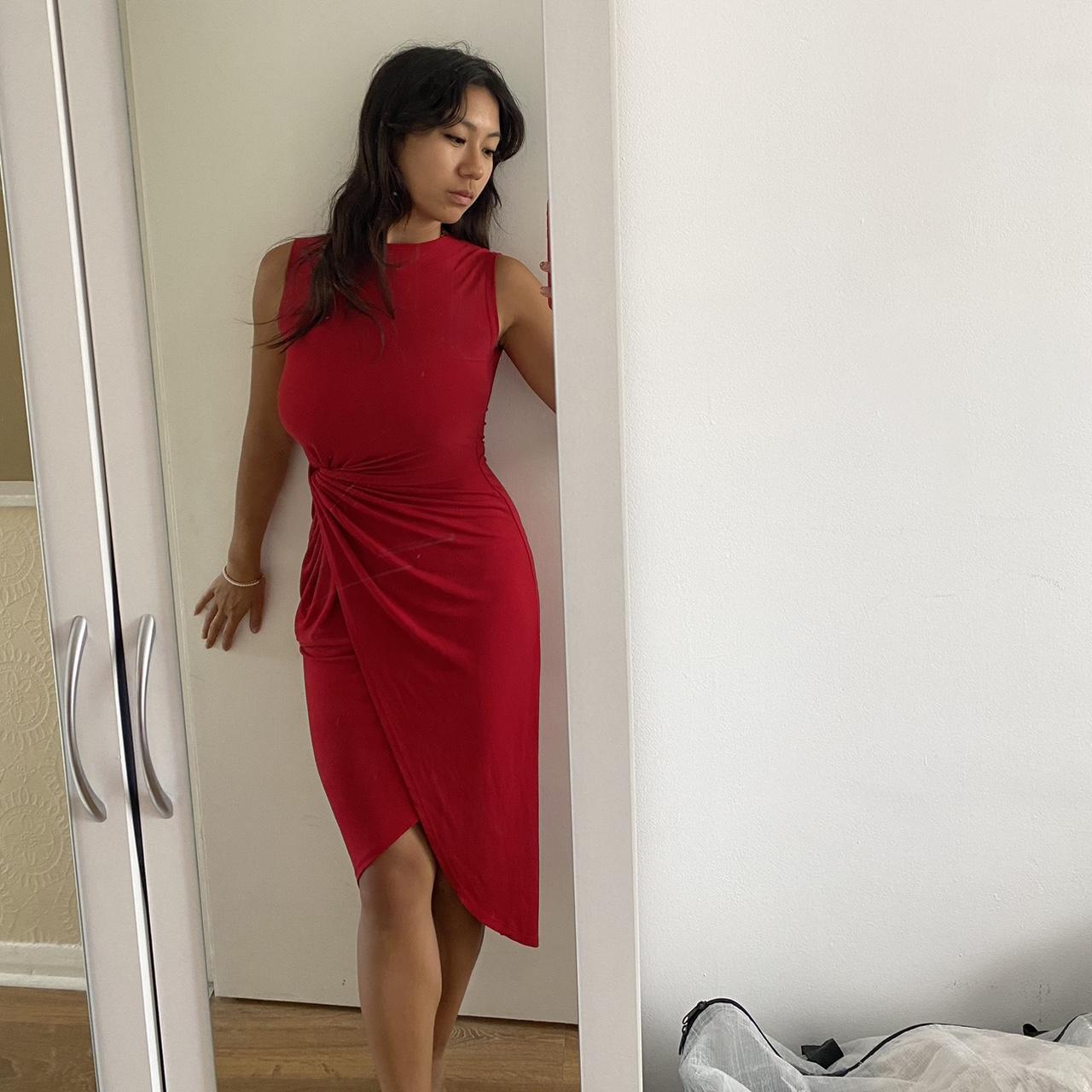 Very flattering deep red wrap asymmetric midi dress... - Depop