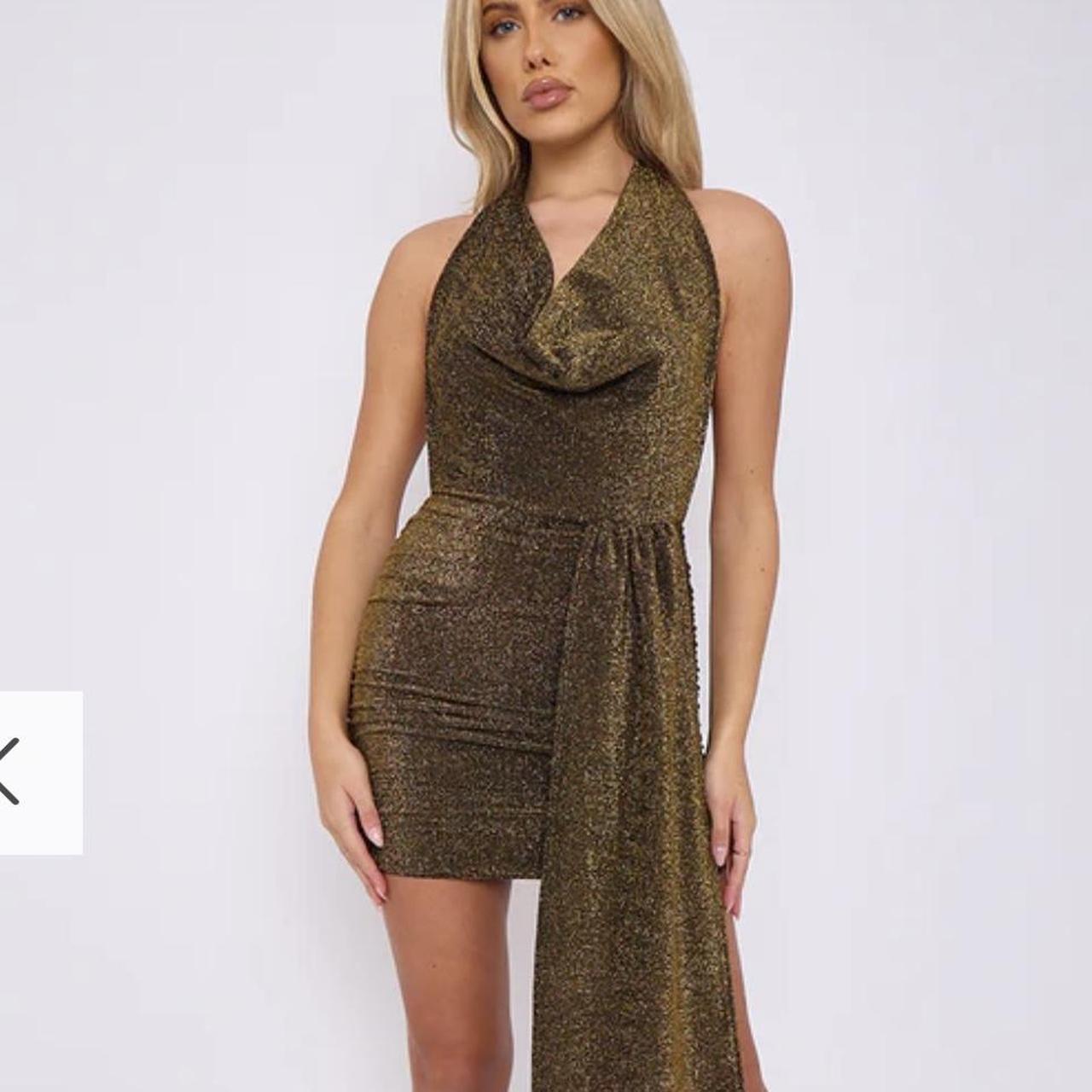 Gold metallic mini dress with cowl neck and draped... - Depop
