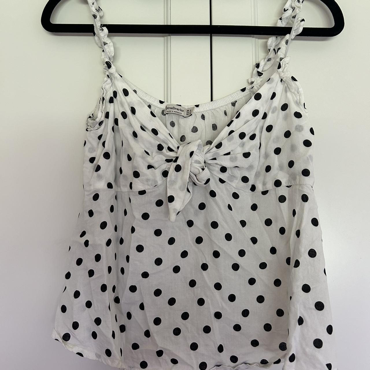 White and black polka dot top Size M Worn but in... - Depop