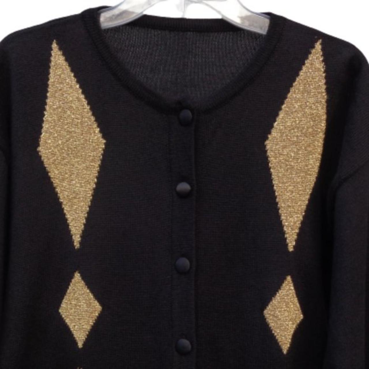 Vtg Black Gold Diamond Argyle Button Cardigan... - Depop