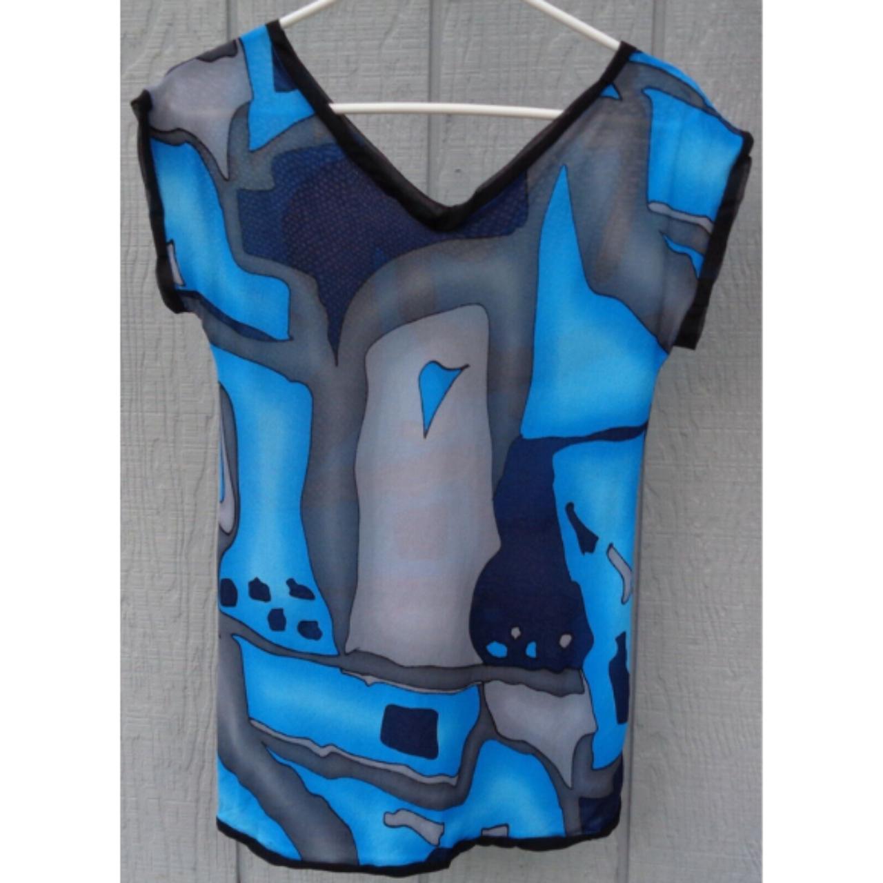 Blue Gray Black Abstract Mesh Top V-Neck Front &... - Depop