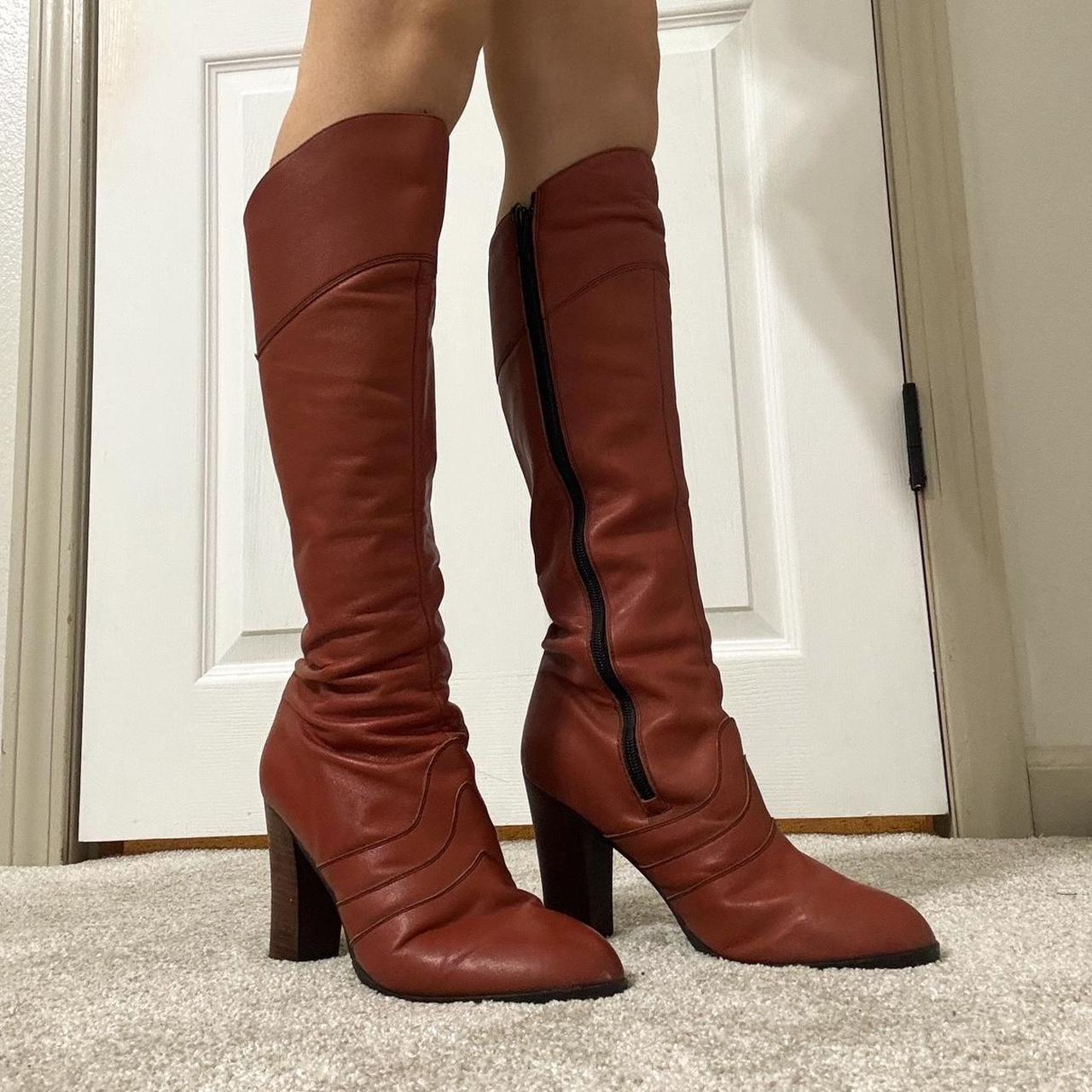 burnt red leather knee high boots! - tagged size 3... - Depop
