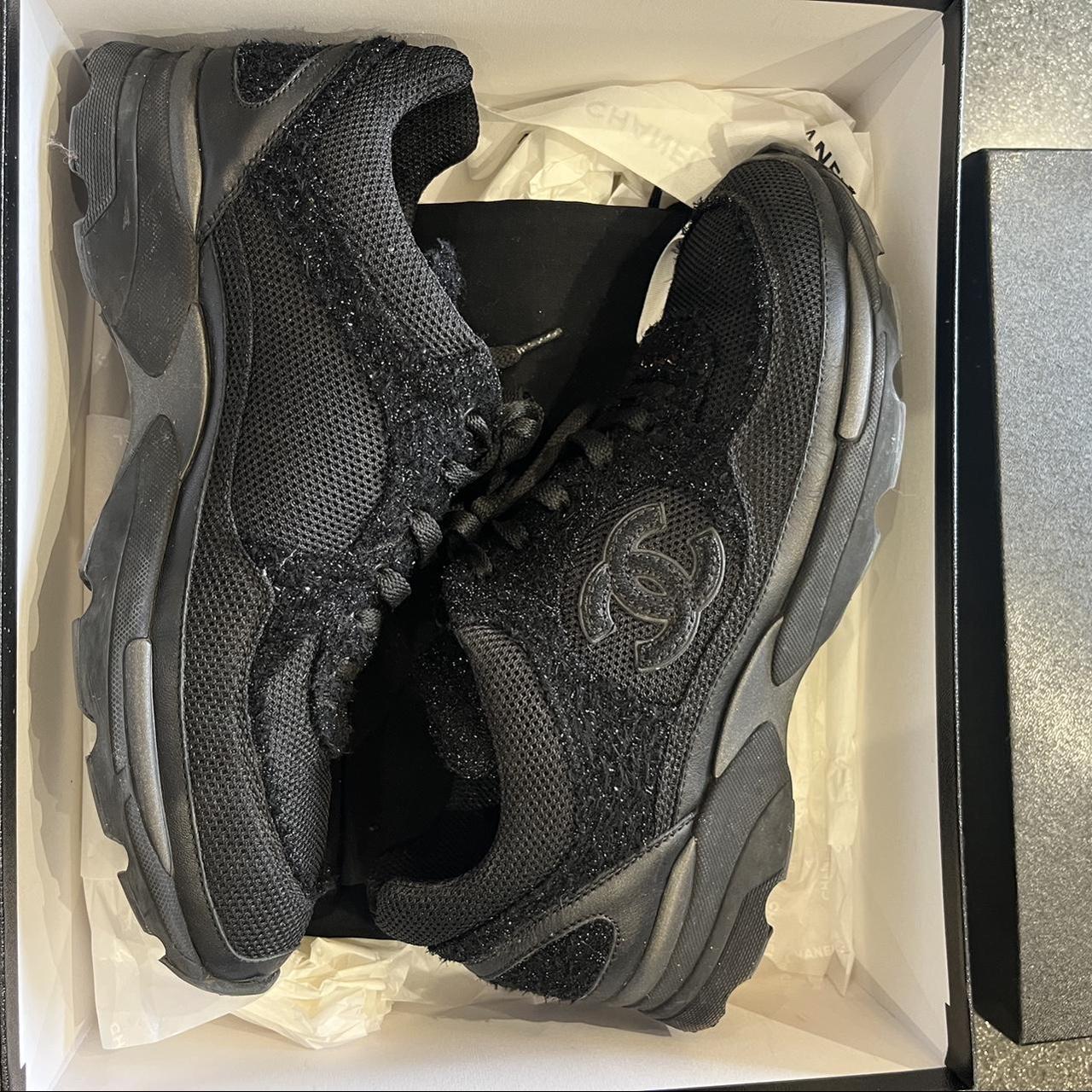 Chanel Unisex CC Logo Runners Black Mesh Glitter... - Depop
