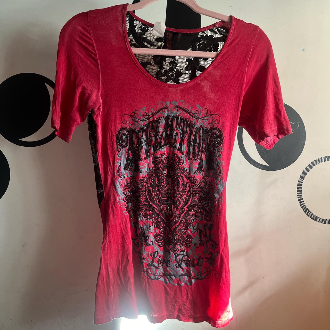 Affliction red rhinestone shirt with lace back. Size... | Depop