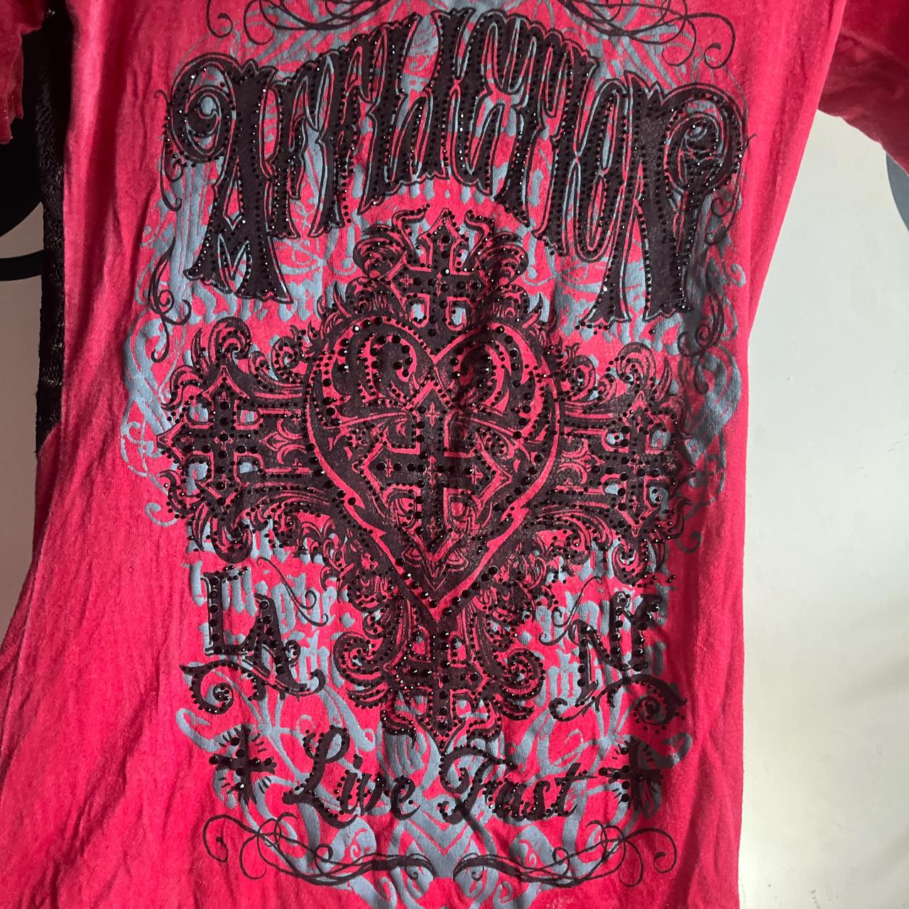 Affliction red rhinestone shirt with lace back. Size... | Depop