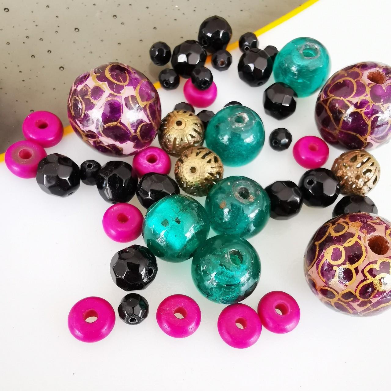Mixture of beads for jewellery making. Pink black,... - Depop