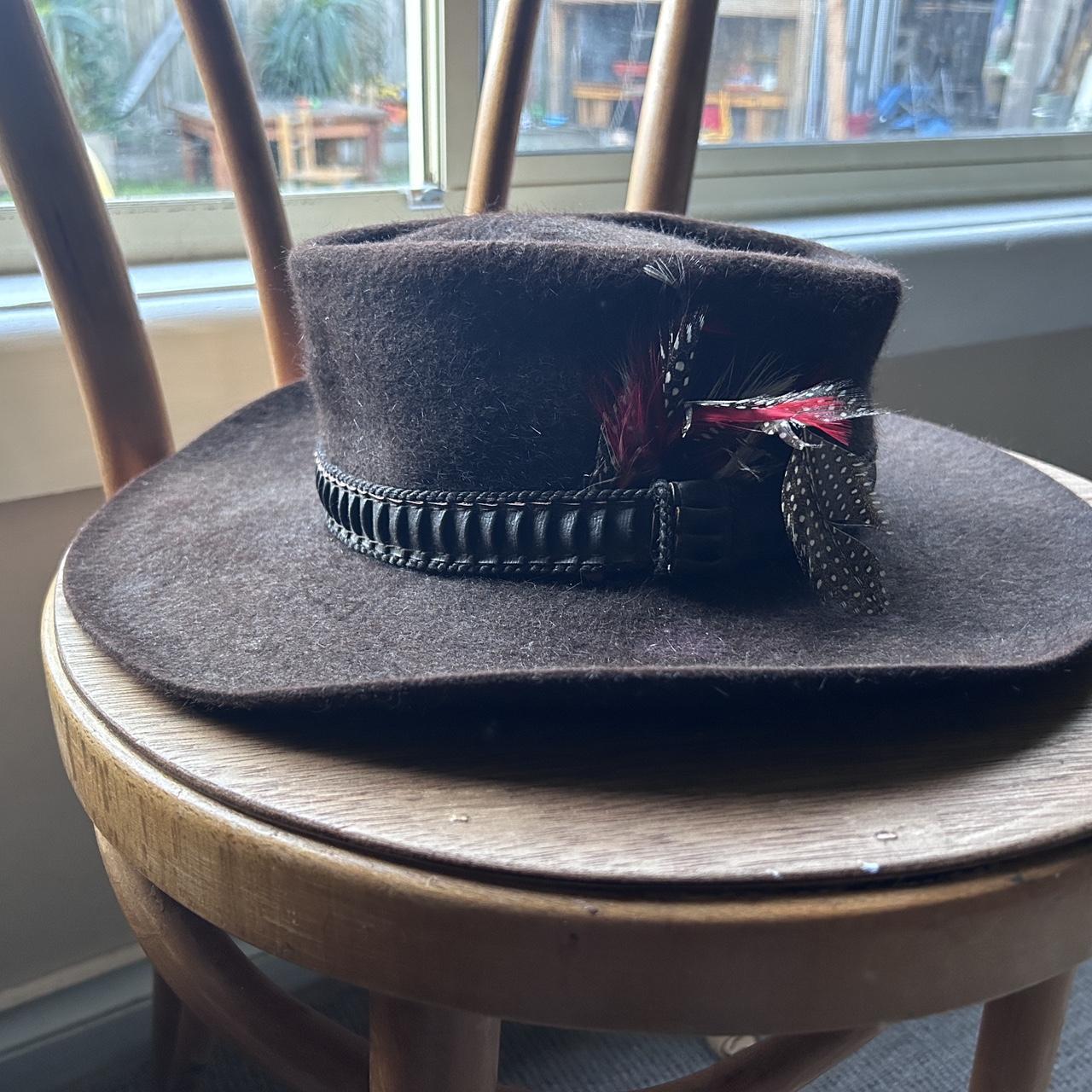 Vintage Akubra hat Dark Brown felt wool with feather... - Depop