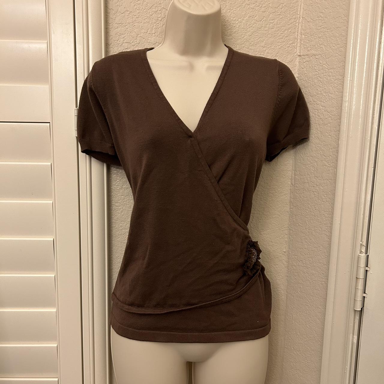 Brown V-neck short sleeve top with rhinestone detail... - Depop